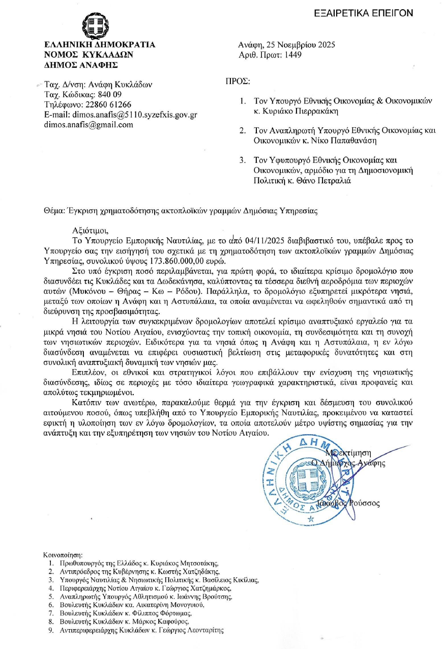 Ενέργειες για την ακτοπλοϊκή σύνδεση της Ανάφης - Ανάφη